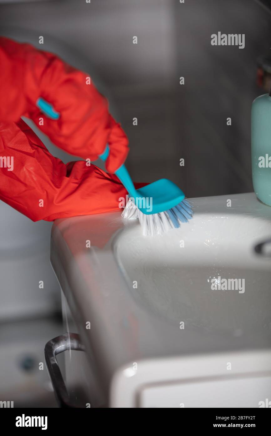 Person cleaning the sink with a blue cleaning brush Stock Photo - Alamy