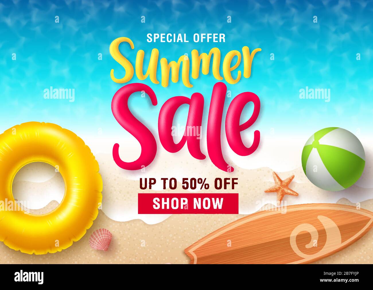 Summer sale vector banner design. Summer sale discount text in seaside ...