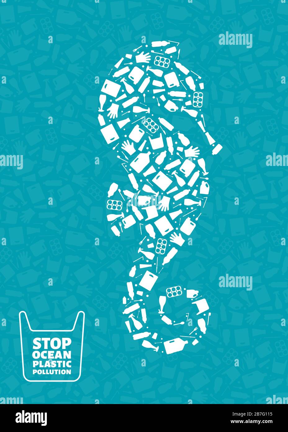 Stop ocean plastic pollution concept illustration. Seahorse marine ...