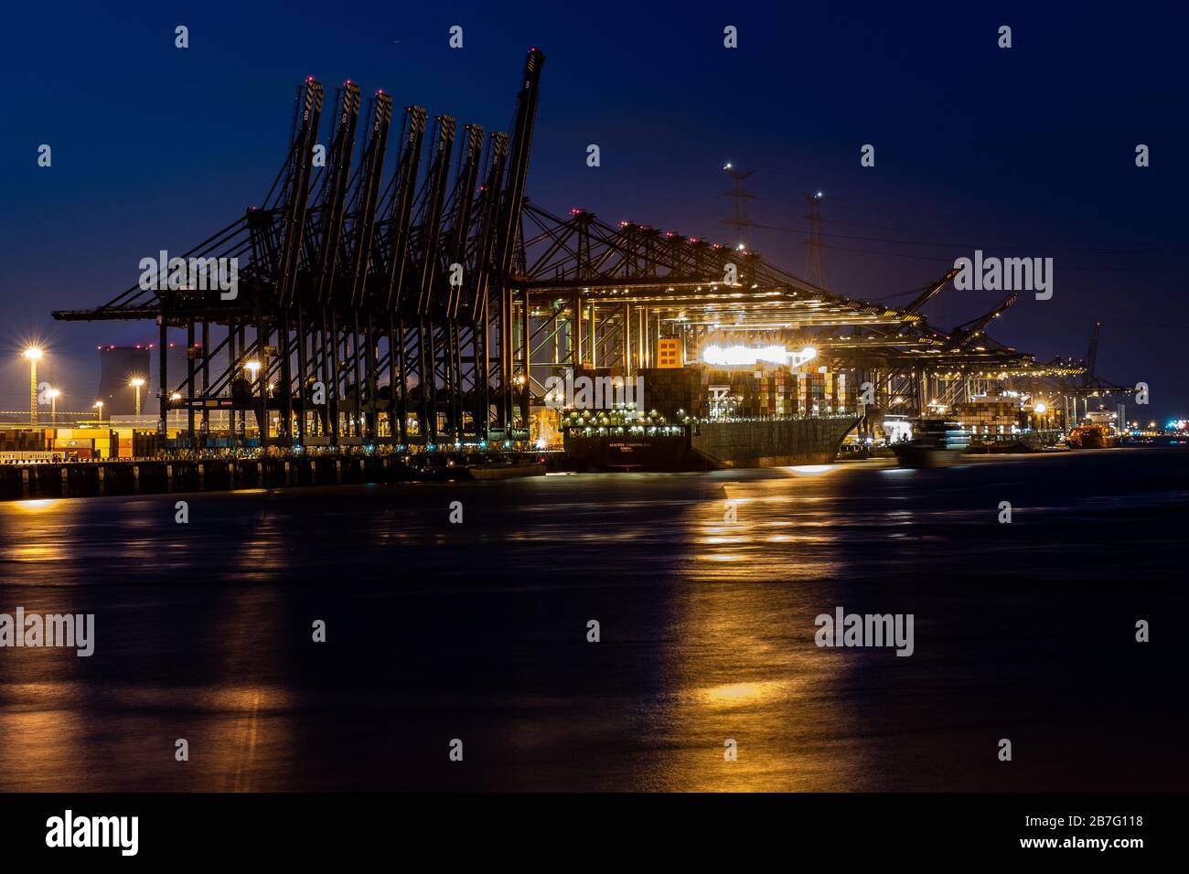 Beautiful shot of Port of Antwerp in Belgium during night time Stock ...