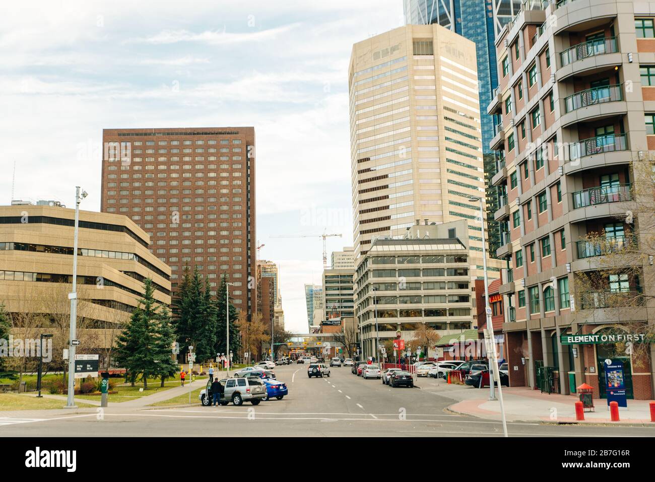 view of Calgary downtown on Centre Street showing tall corporate office skyscrapers. canada ...
