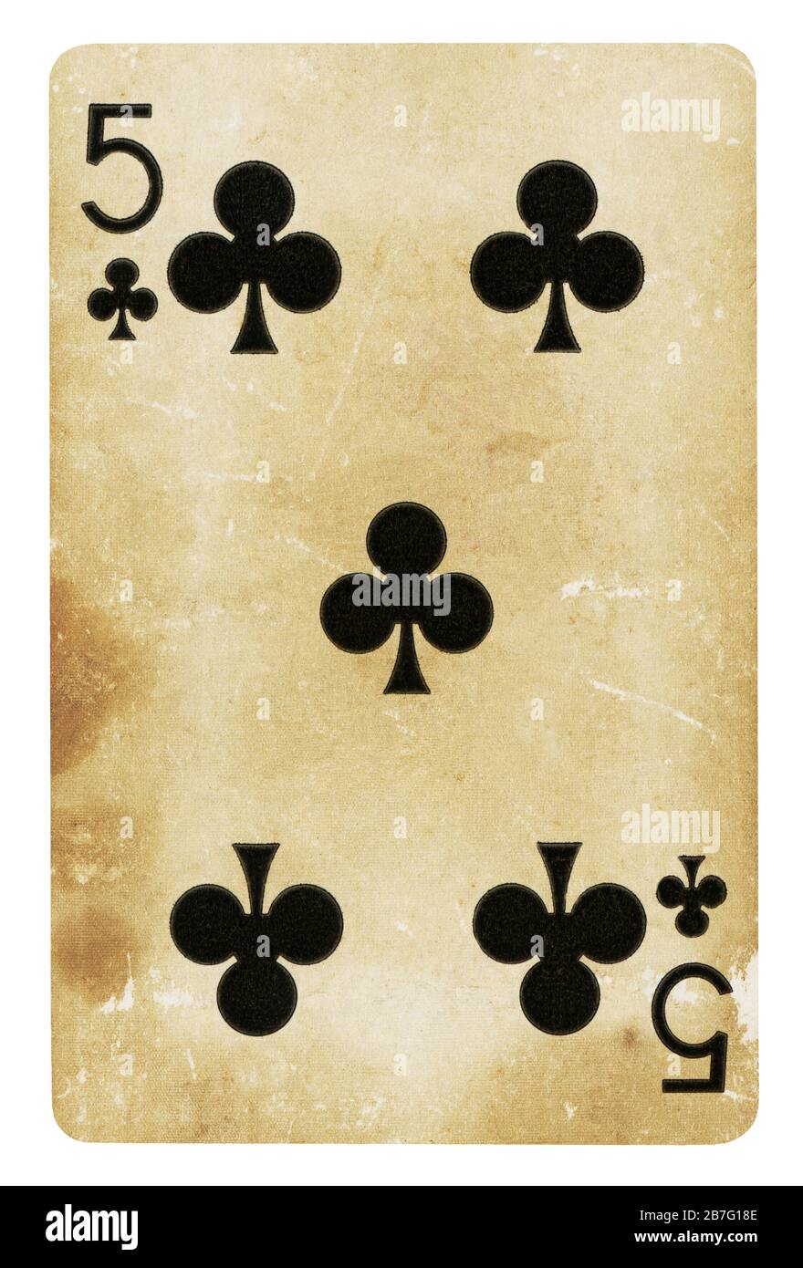 Five of Clubs Vintage playing card - isolated on white (clipping path ...