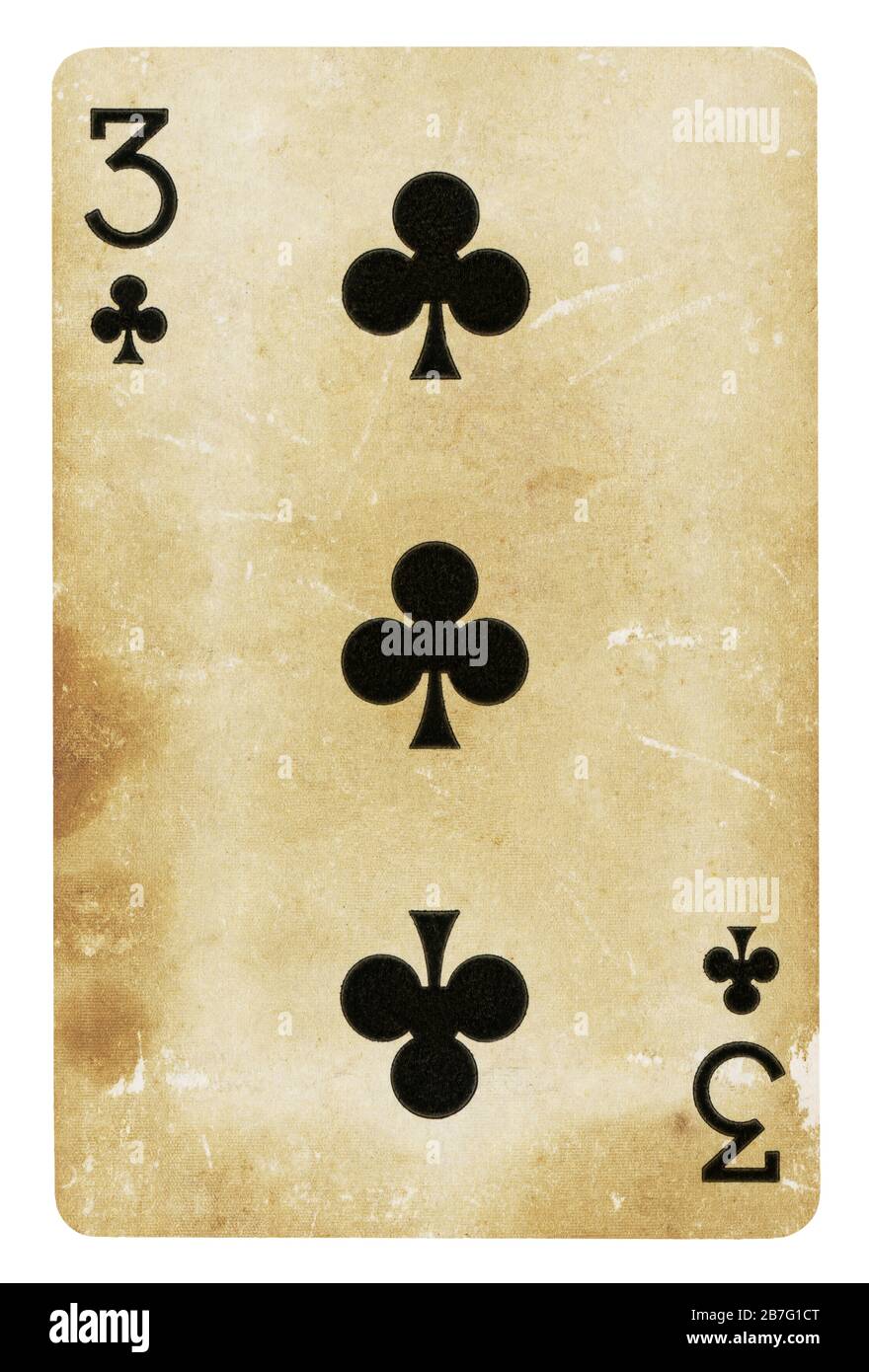 Three of Clubs Vintage playing card - isolated on white (clipping path ...
