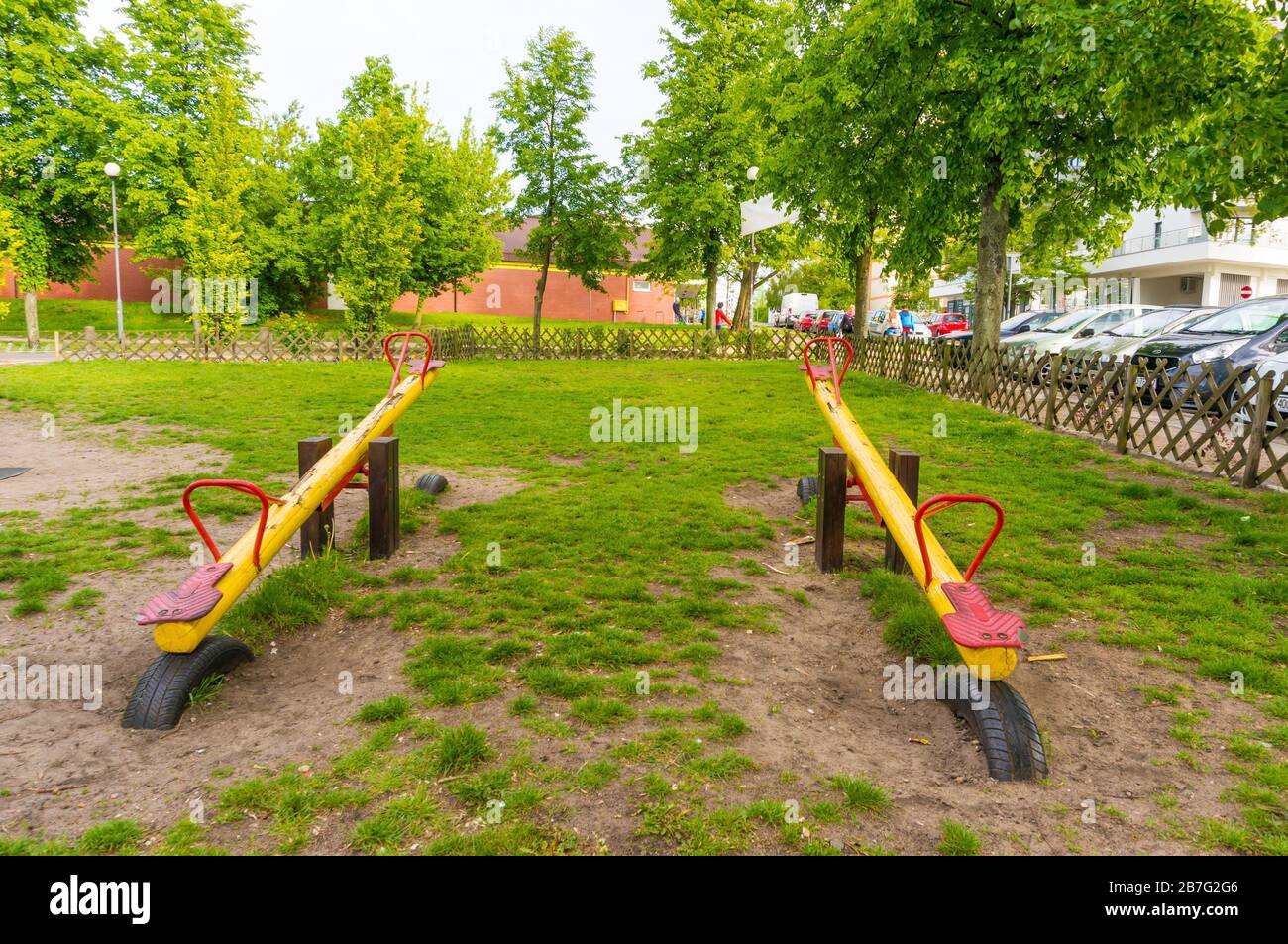 Playground with colorful seesaws during daytime Stock Photo - Alamy