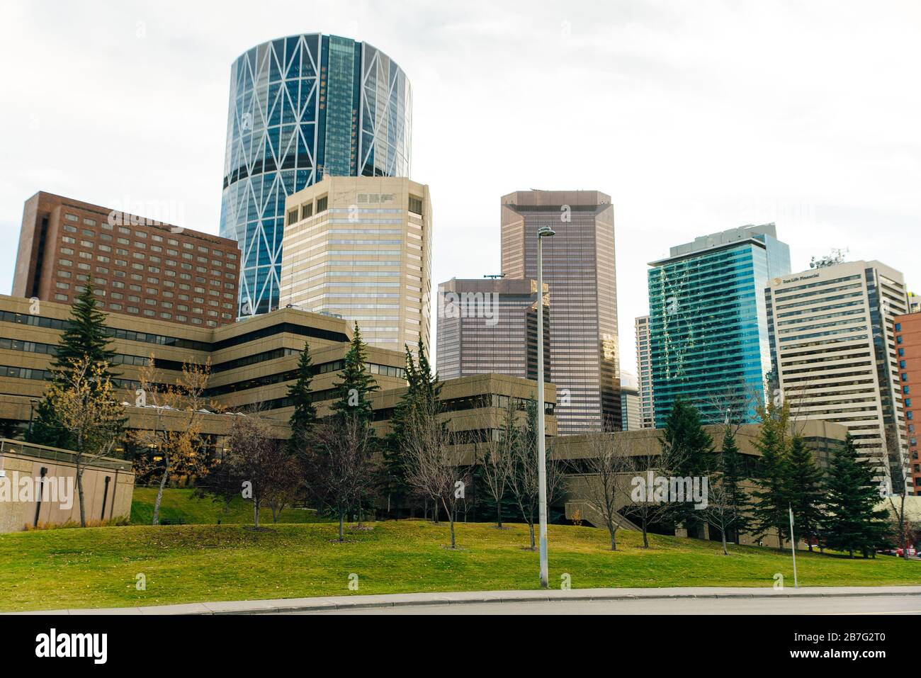 view of Calgary downtown on Centre Street showing tall corporate office ...