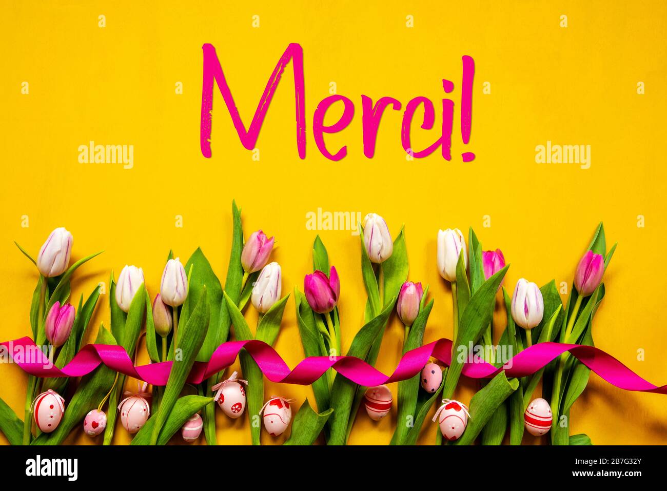 Colorful Tulip, Merci Means Thank You, Easter Egg, Yellow Background ...
