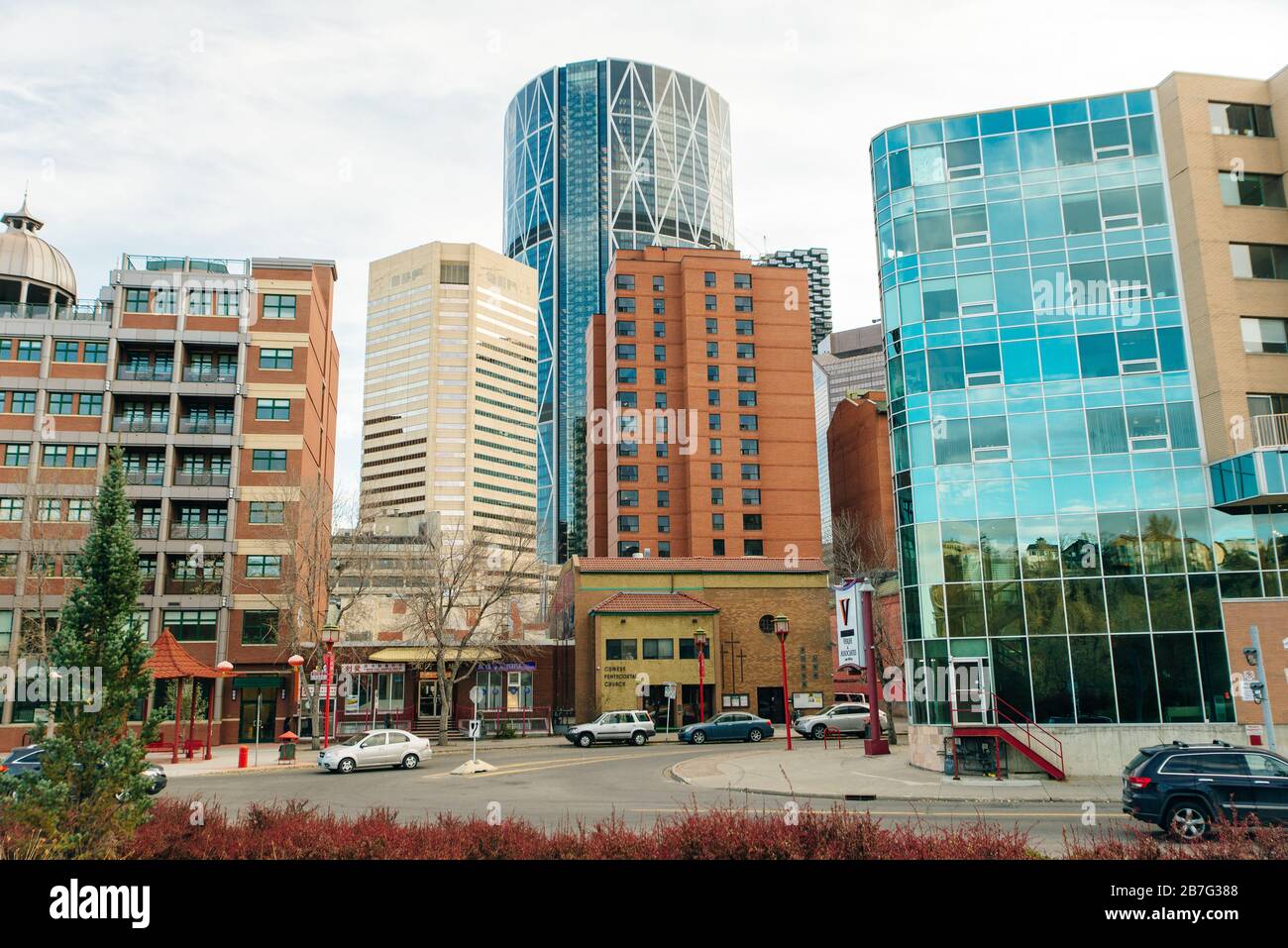 view of Calgary downtown on Centre Street showing tall corporate office ...