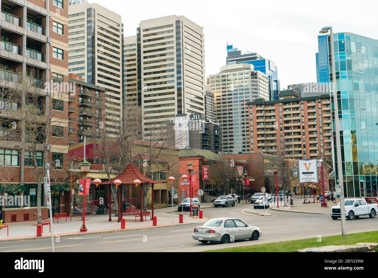 view of Calgary downtown on Centre Street showing tall corporate office ...