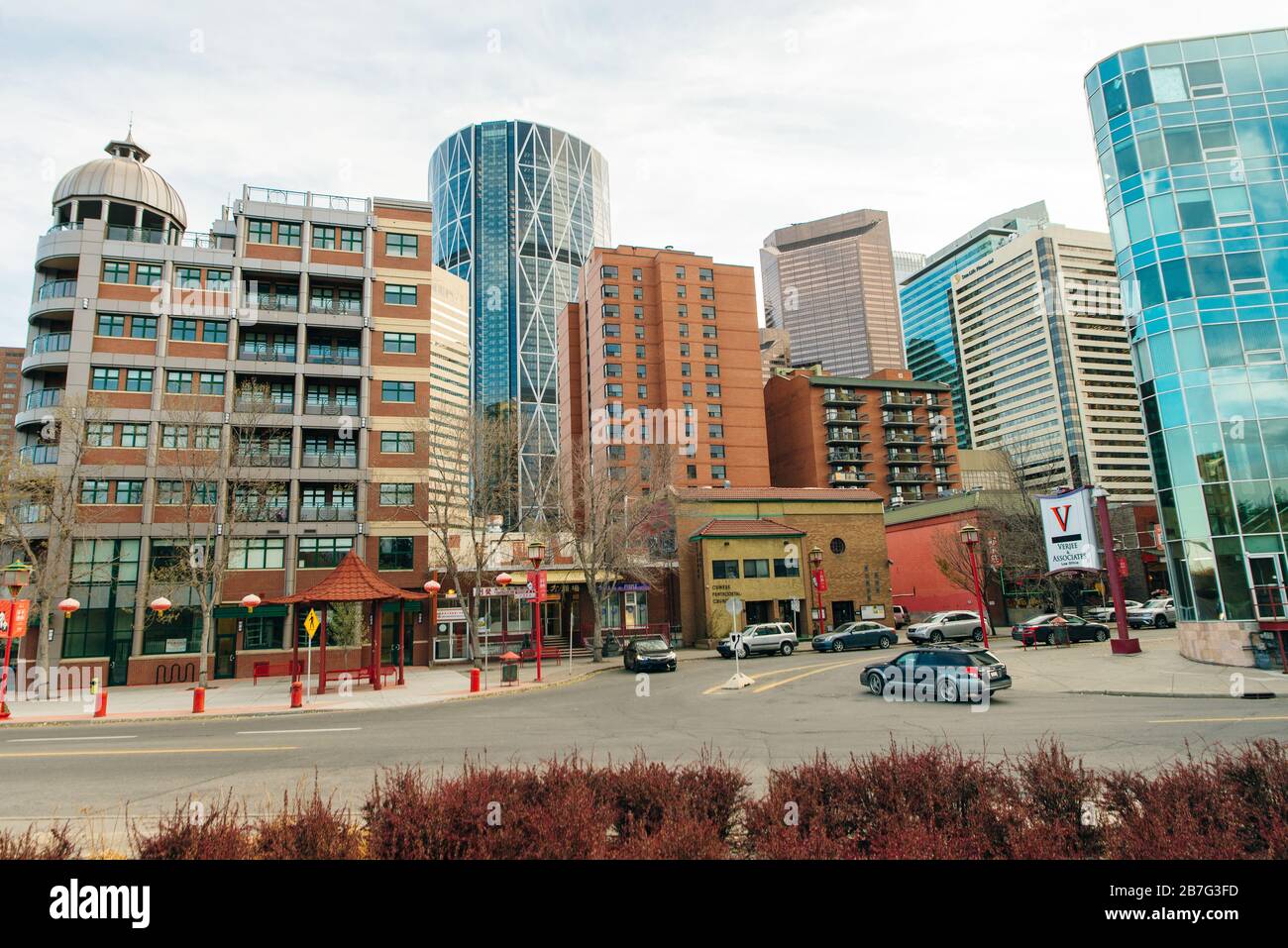view of Calgary downtown on Centre Street showing tall corporate office ...