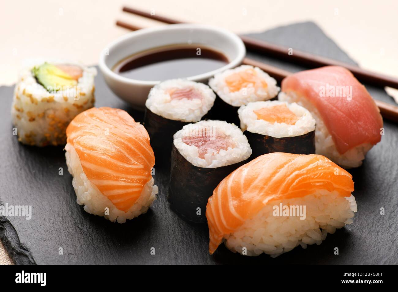 Mix of fresh uramaki sushi rolls hi-res stock photography and images ...