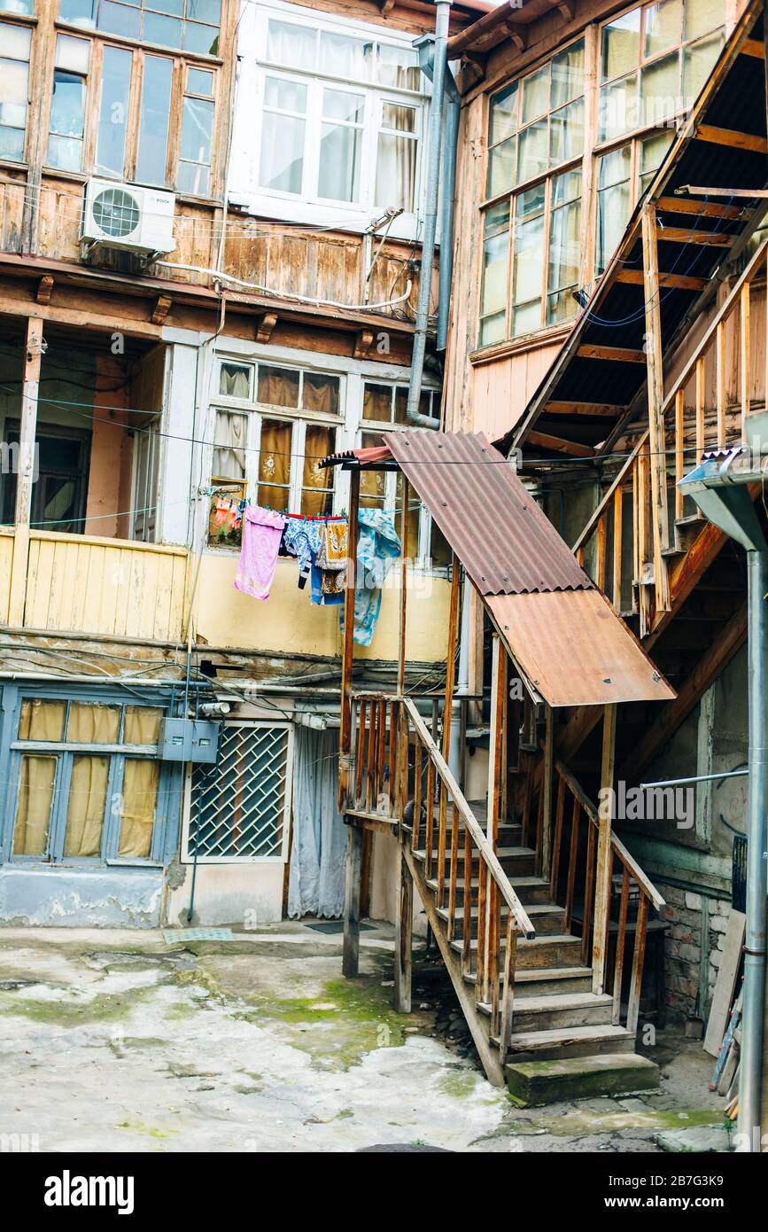 Traditional carved balconies and colorful wooden houses in the Old Town ...