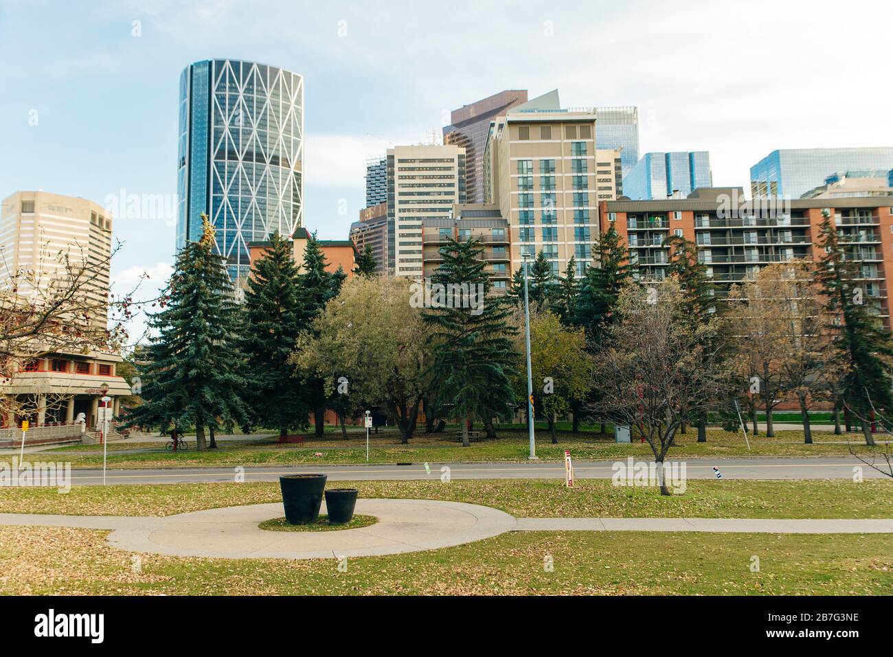 view of Calgary downtown on Centre Street showing tall corporate office ...