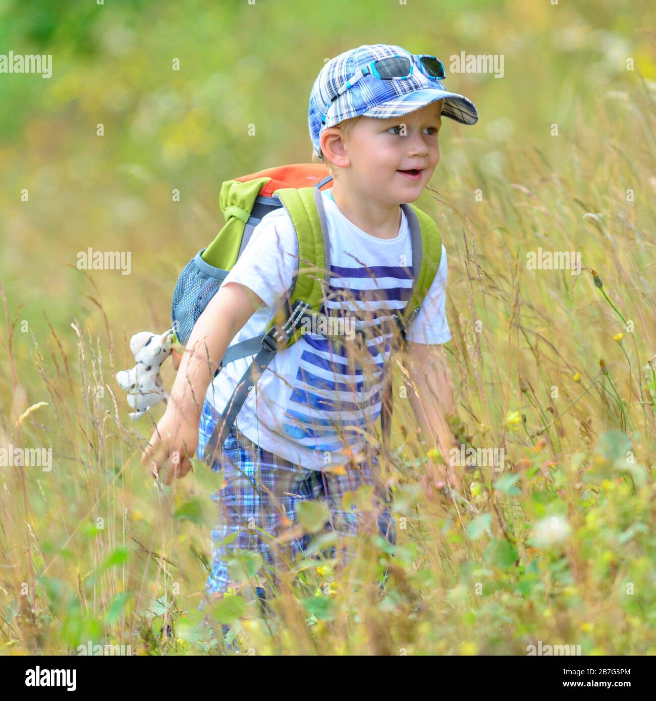 Cute little boy doing a hiking tour in the nature of the alpine ...