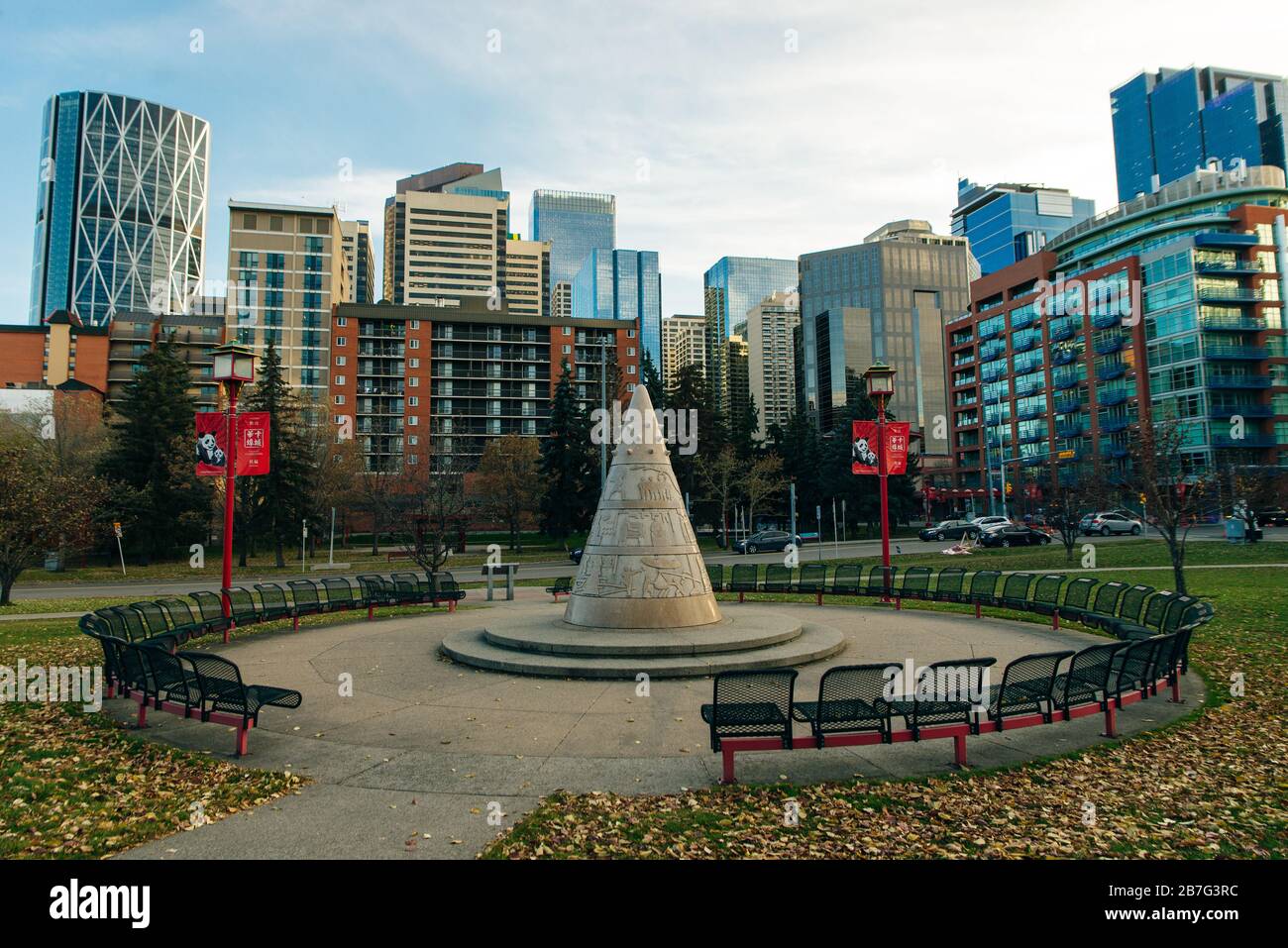 view of Calgary downtown on Centre Street showing tall corporate office ...