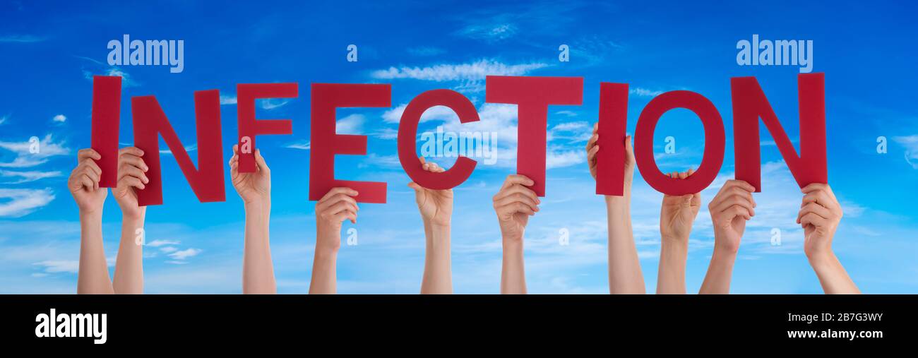 People Hands Holding Word Infection, Blue Sky Stock Photo - Alamy