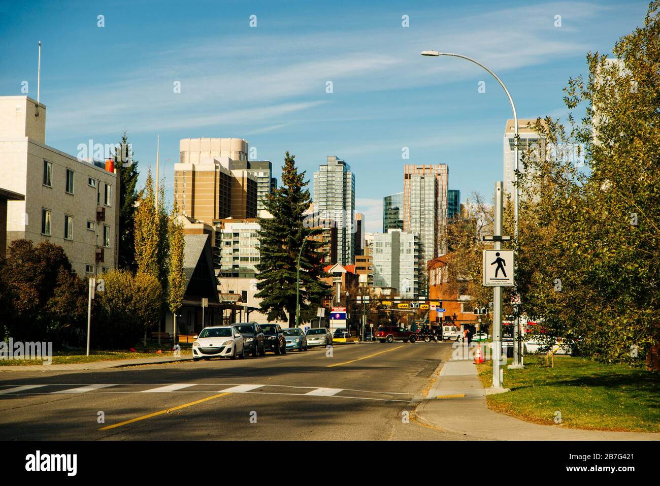 view of Calgary downtown on Centre Street showing tall corporate office ...