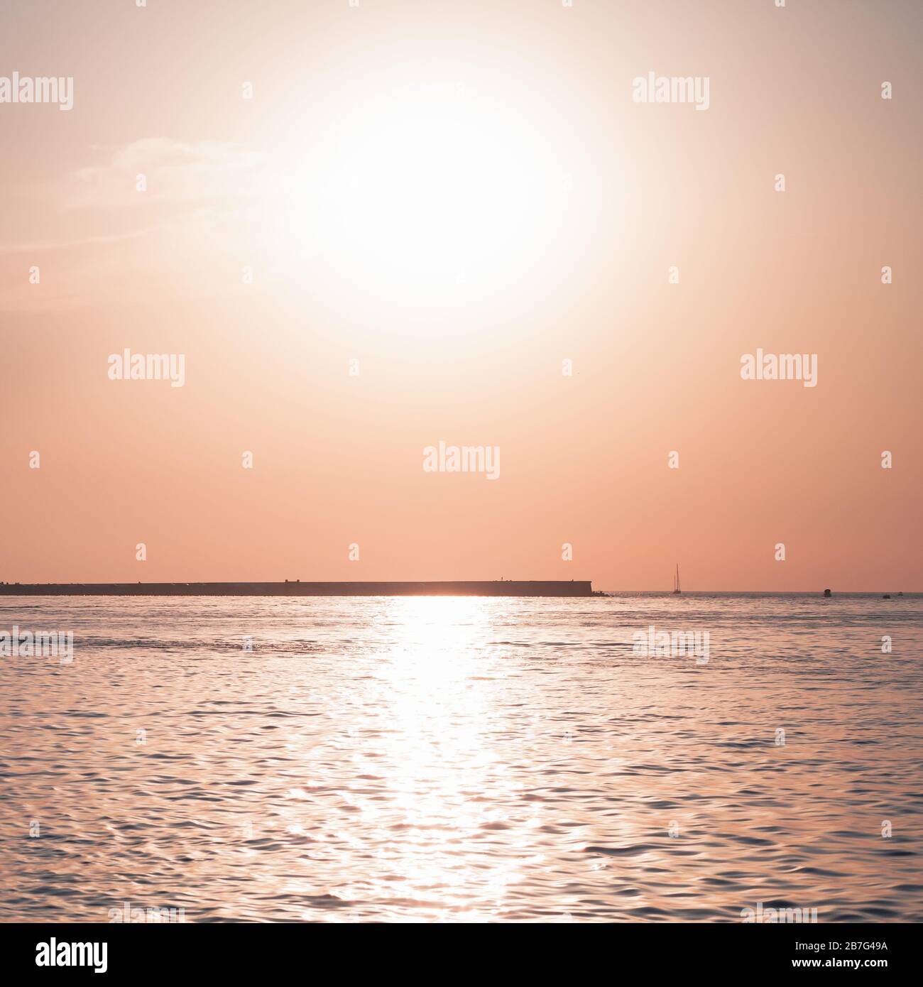 Cloudy evening sky, horizon and seawater. Natural square photo ...