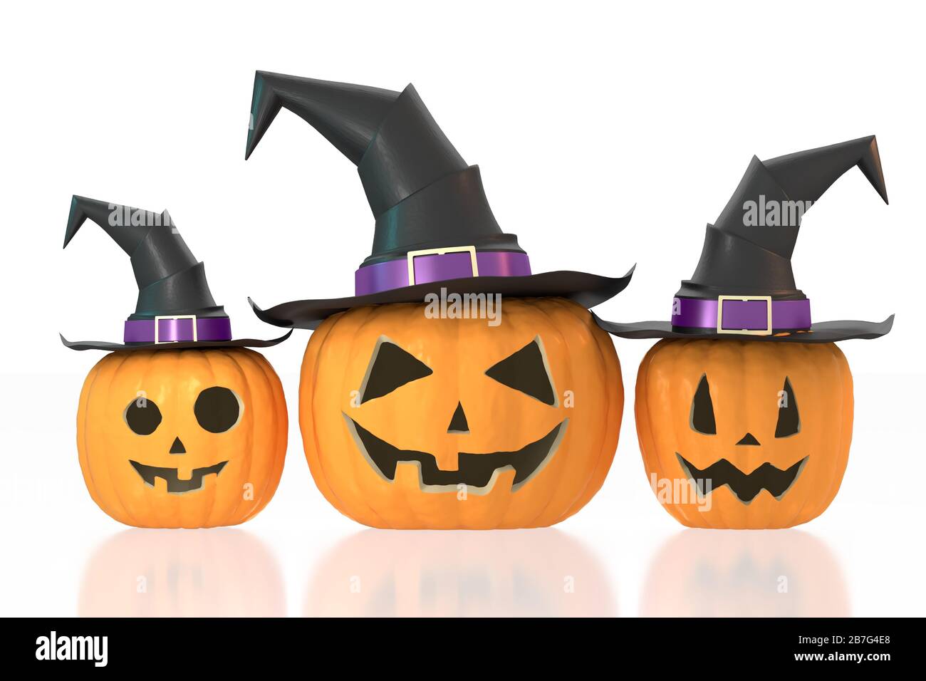 Halloween pumpkins wearing hats - isolated on white background Stock ...