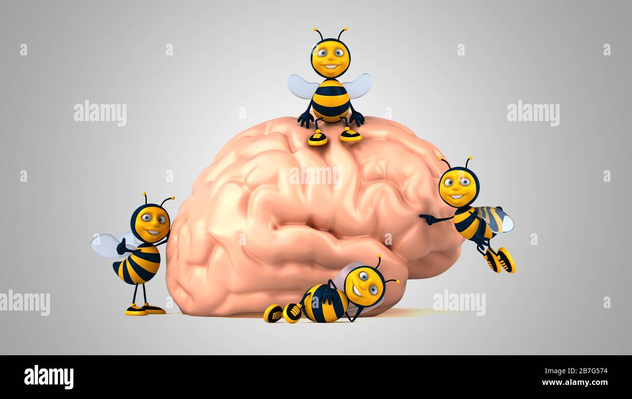 3D Illustration of fun bees next to a brain Stock Photo - Alamy