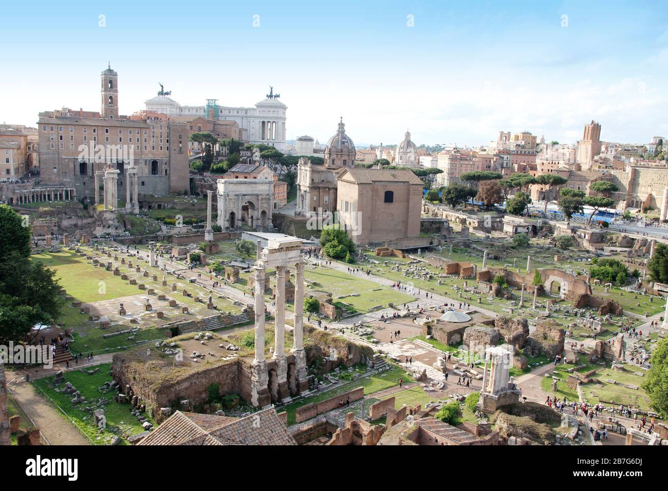 Aerial panoramic cityscape view of the Roman Forum during sunset in ...