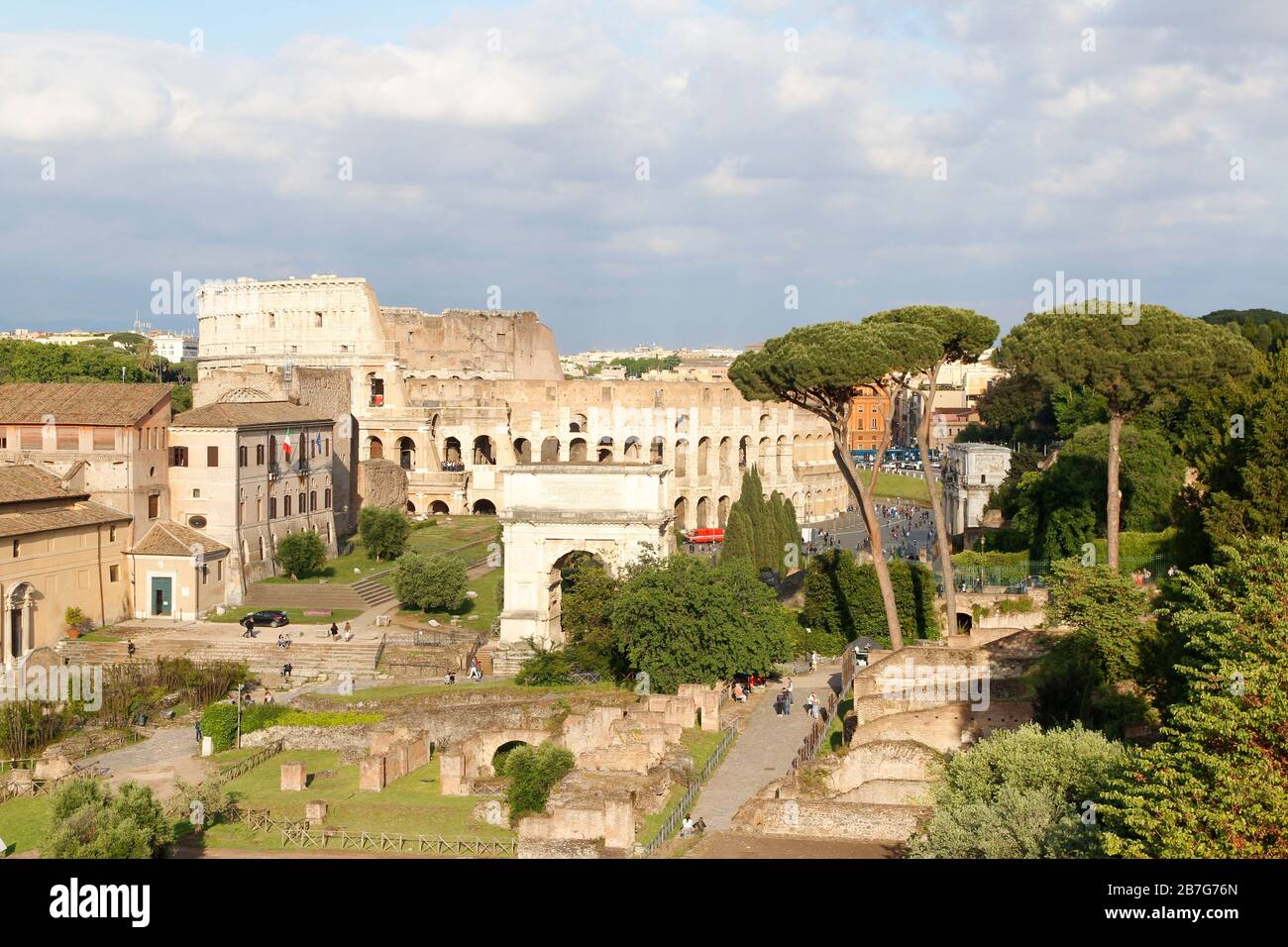 Aerial panoramic cityscape view of the Roman Forum and Roman Colosseum ...