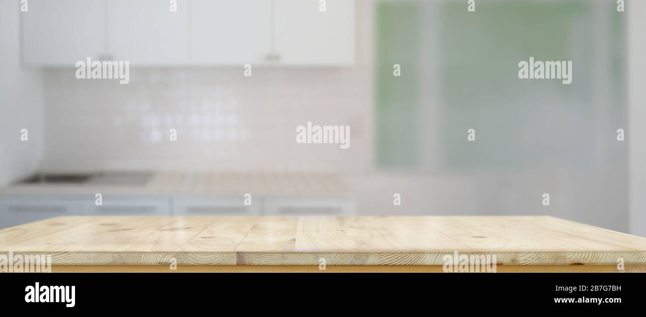 Close up view of empty wooden counter in kitchen room Stock Photo - Alamy