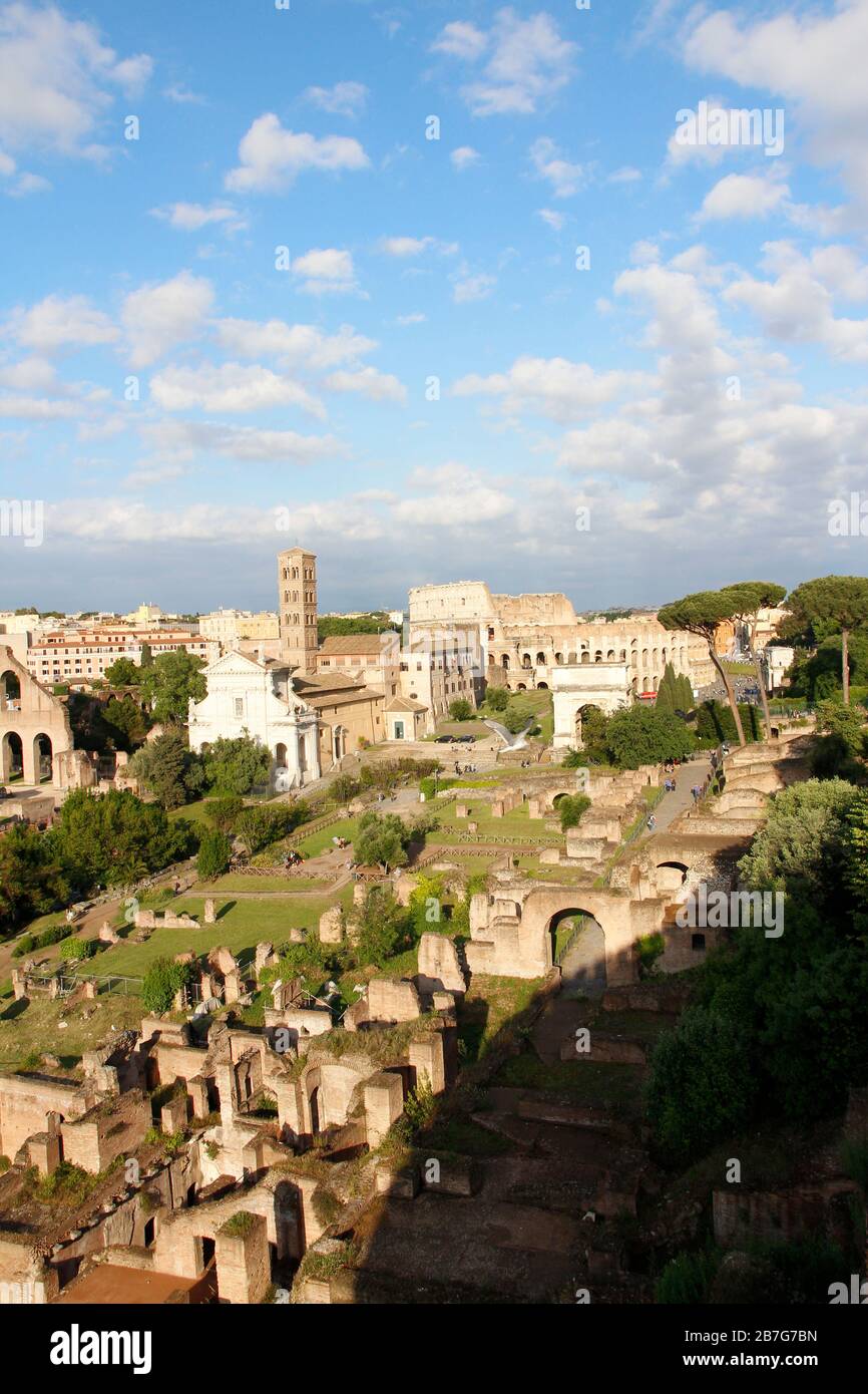 Aerial panoramic cityscape view of the Roman Forum and Roman Colosseum ...