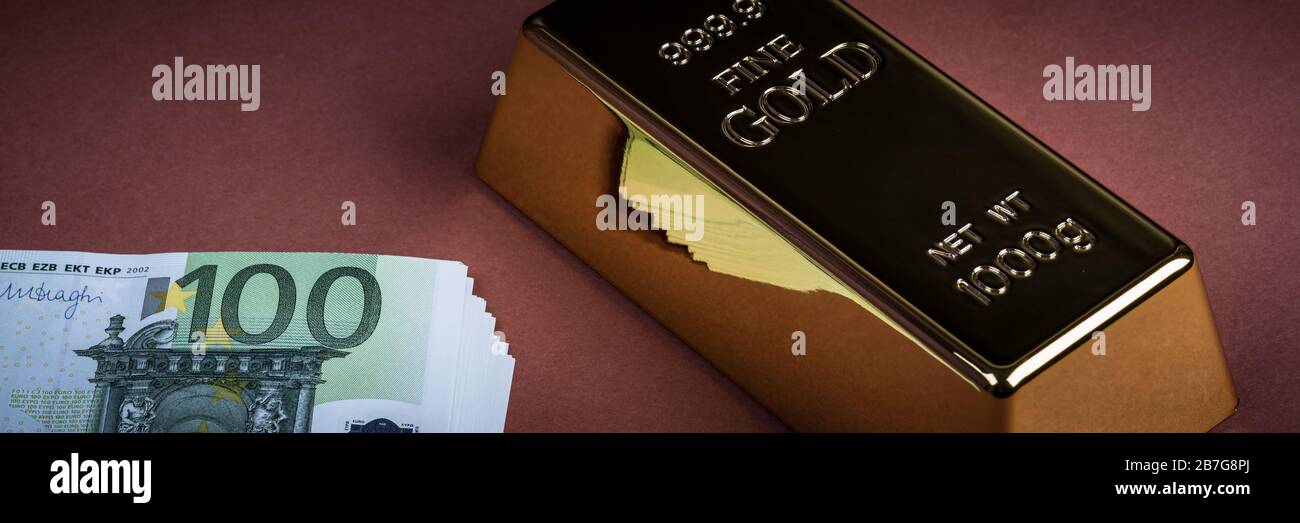 Euro cash and gold bar on a brown background. Banknotes. Money. Bill ...