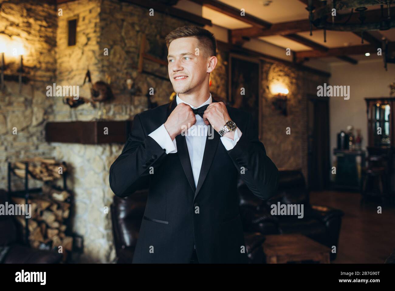 The groom and his friends celebrate the wedding. Men in suits. Murzhsky ...