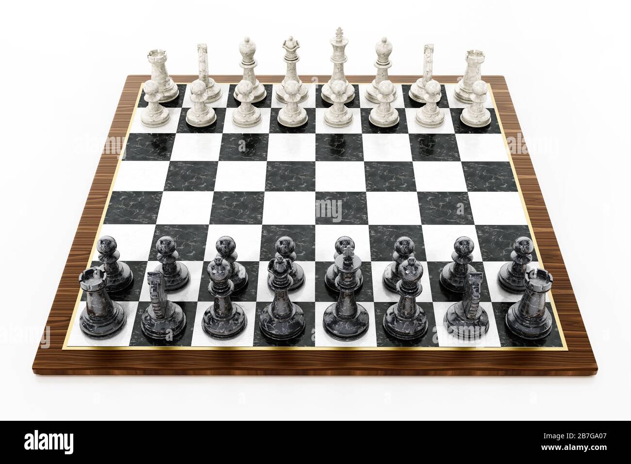 Chessboard with black and white chess pieces isolated on white ...