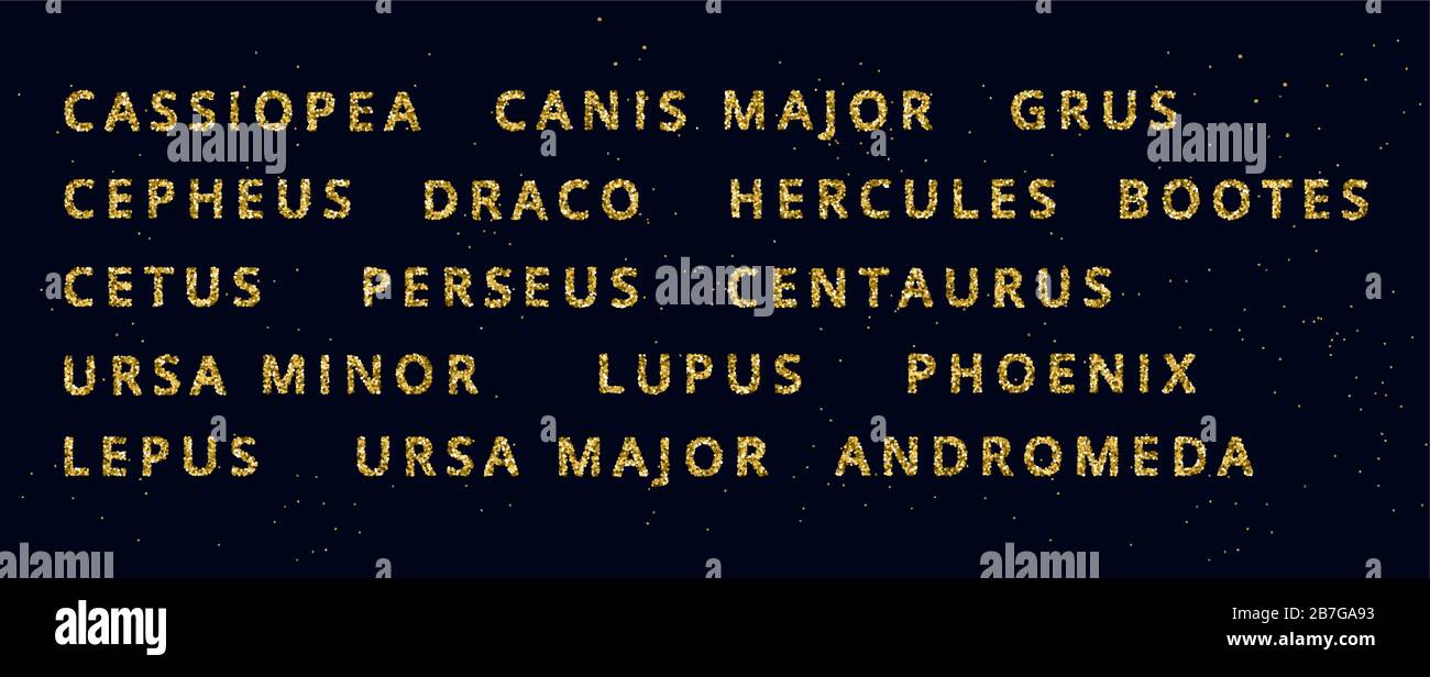 Vector golden and glitter sparkle celestial constellations names ...
