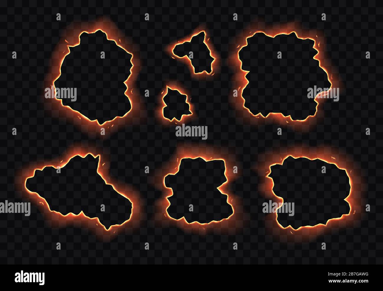 Set of burning paper holes, edges, frames with fire sparks isolated on ...