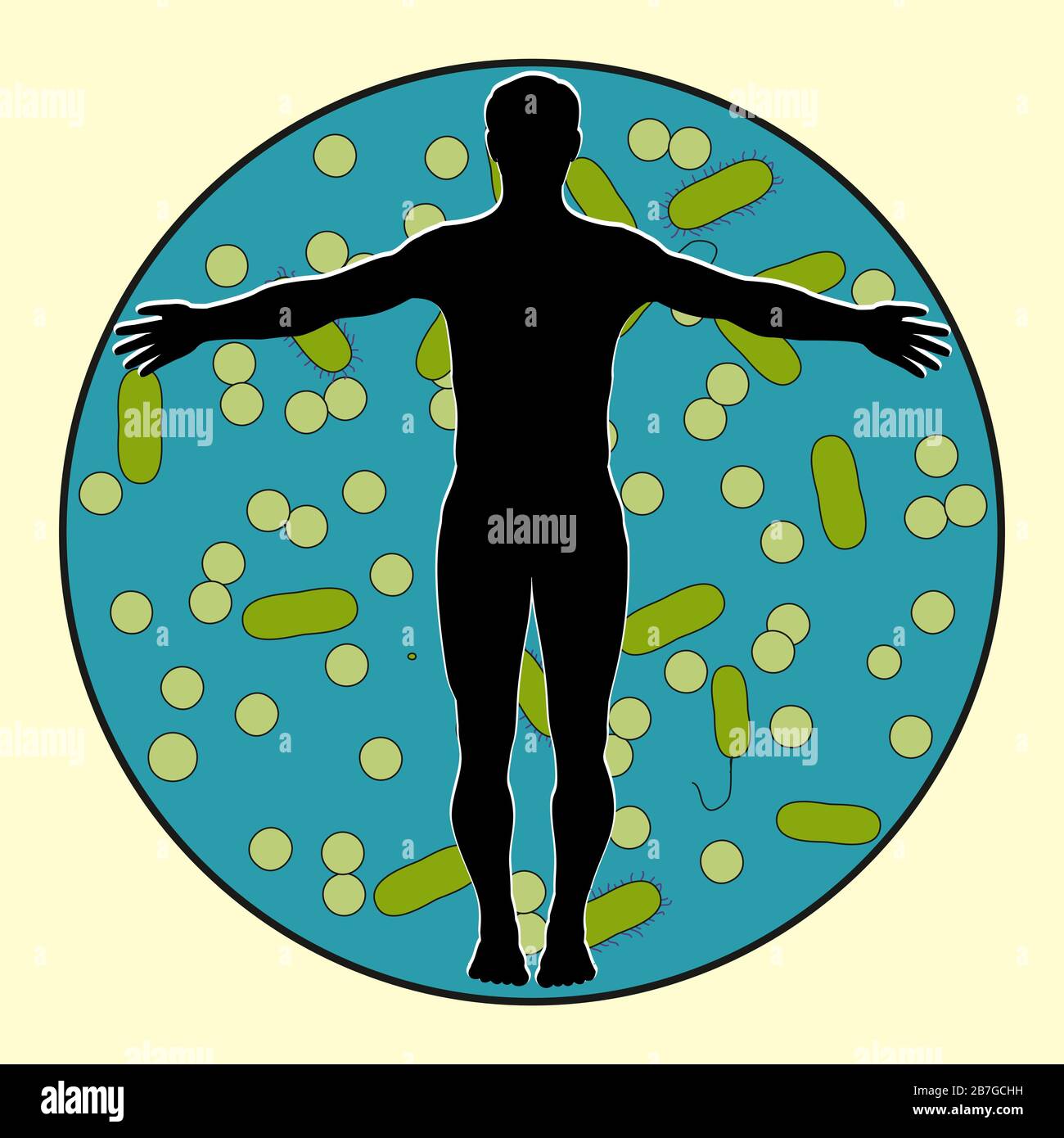 Vector silhouette man on the background of a round shape with a lot of ...