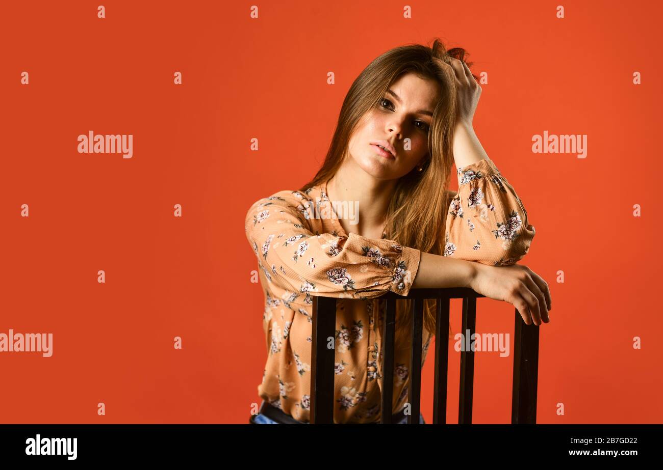 Just relaxing. Woman beautiful face. Female fashion. Girl long hair sit ...