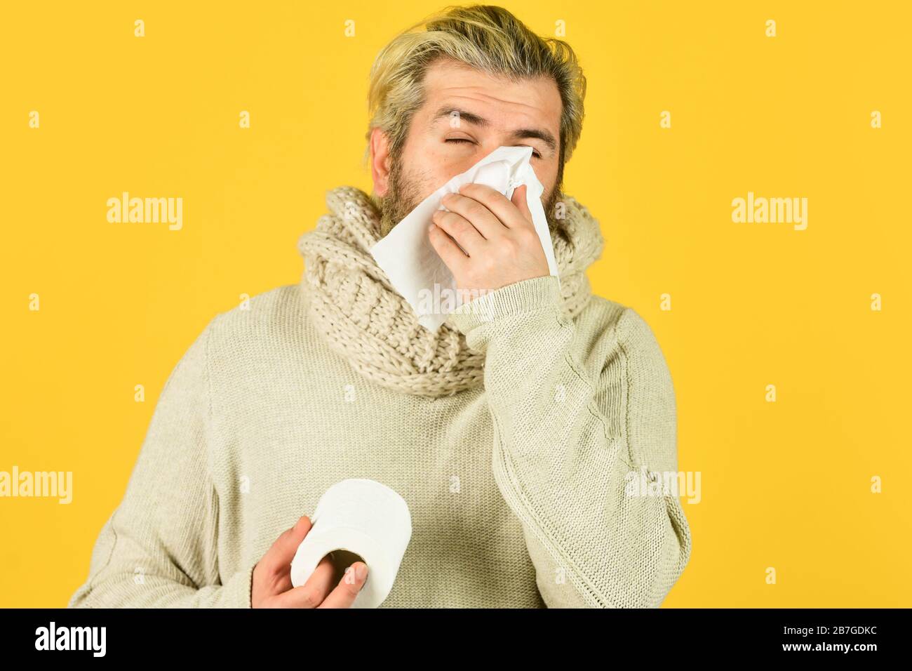 Immune response. Bearded man sick. Cold flu concept. Body temperature ...