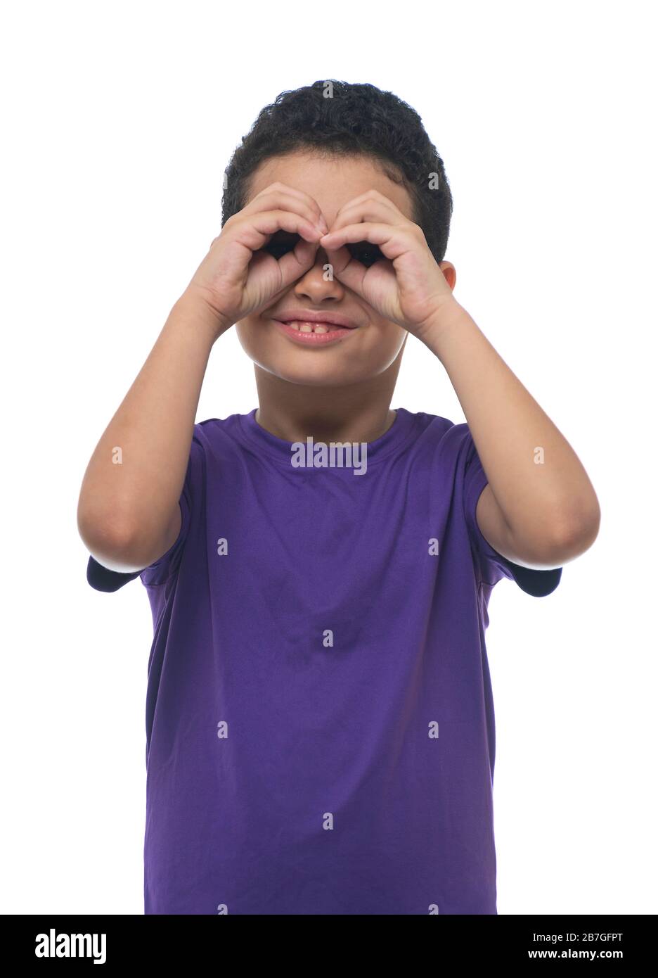 Young Funny Explorer Boy Looking Through His Hands, Imagination of ...