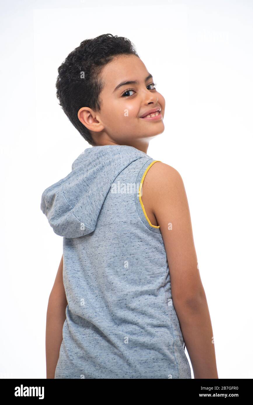 Portrait of Young Smiling Boy Looking Backwards Isolated on White ...