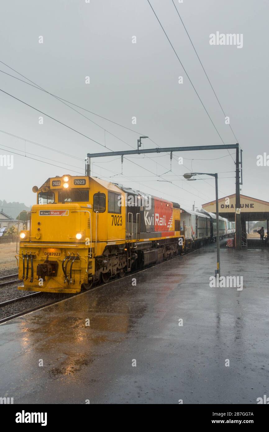 The Northern Explorer train approaches Ohakune station on New Zealands ...