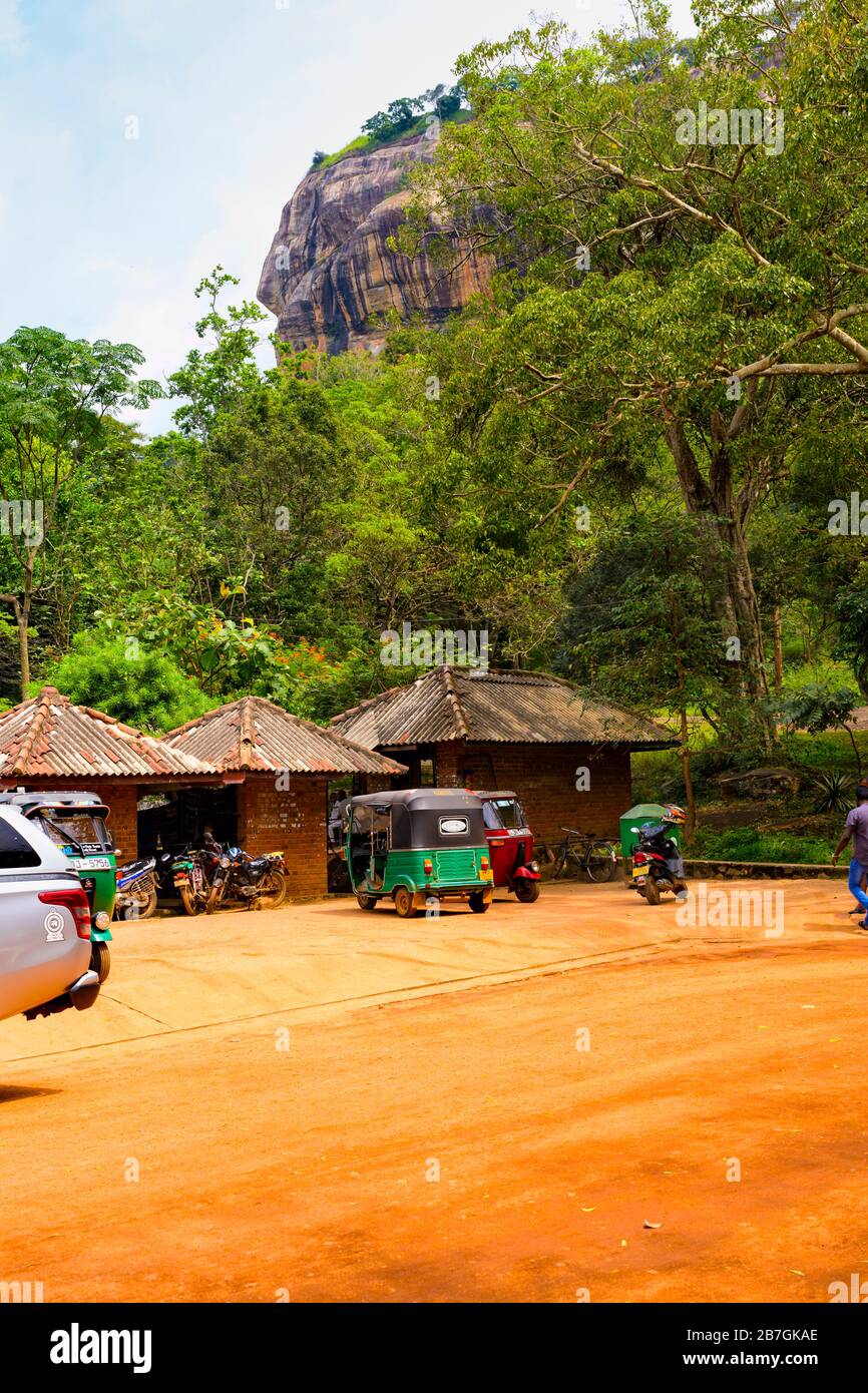 Asia Sri Lanka Sigiriya Rock base camp facilities huts sheds carpark ...