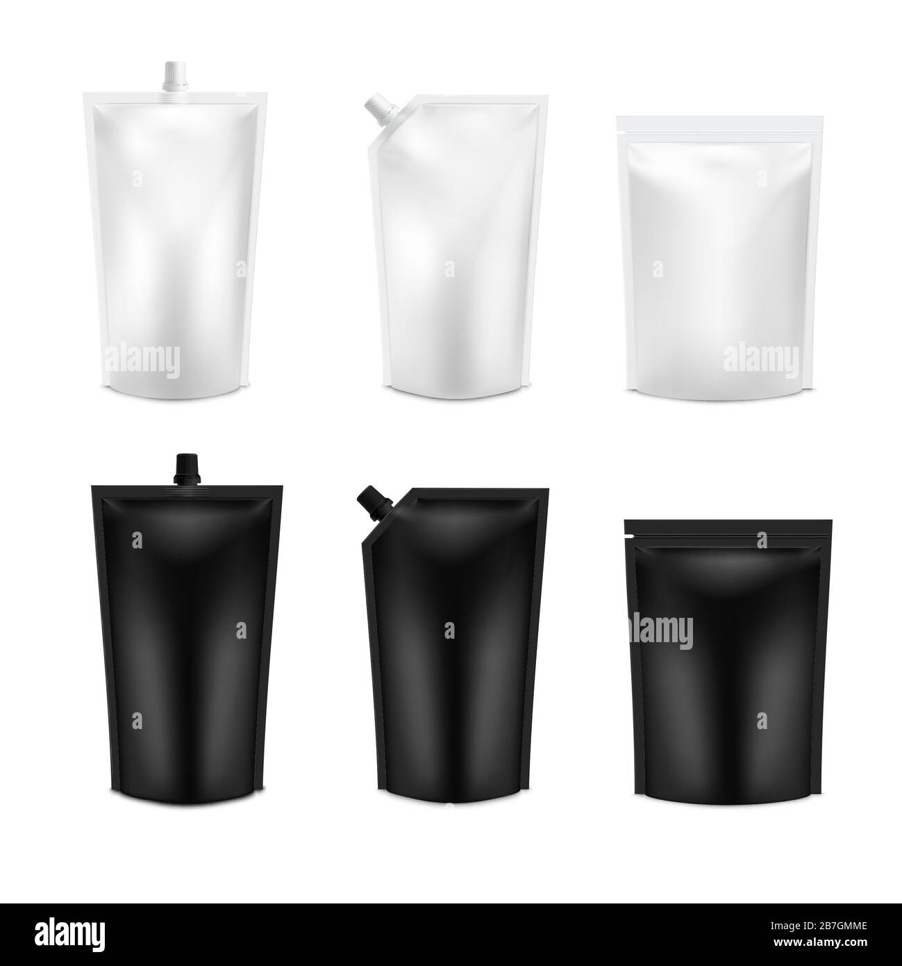Realistic 3D Black and White Blank Doy Pack Mock up set. Vector Doypack ...