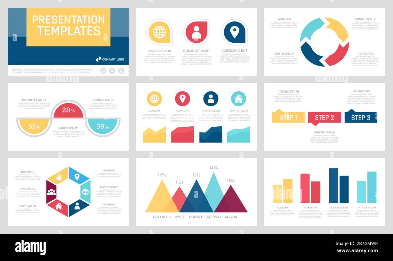 Set of yellow, red and blue elements for multipurpose presentation ...