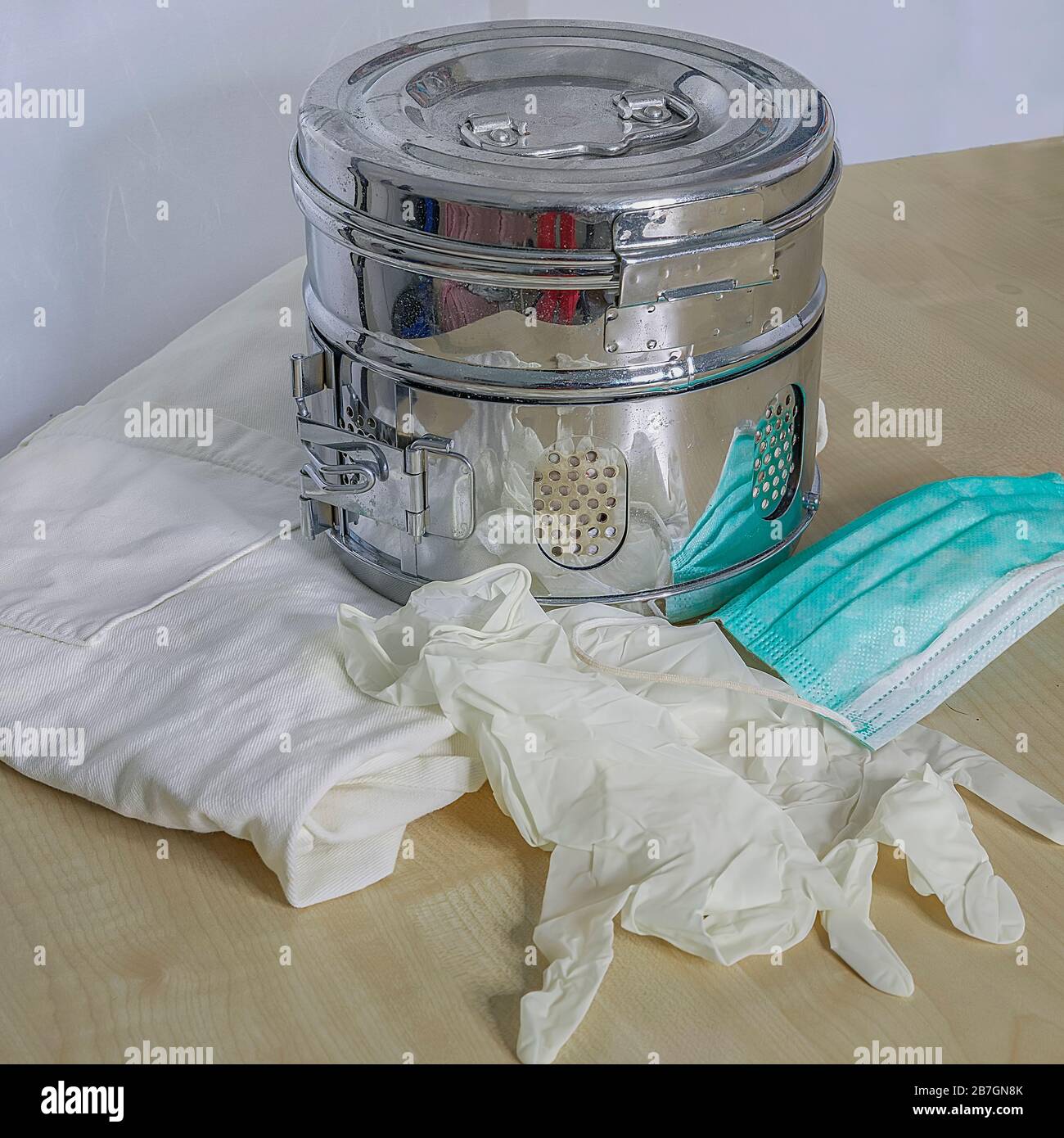 Vintage medical sterilizer. Close-Up.Disposable medical mask and gloves ...