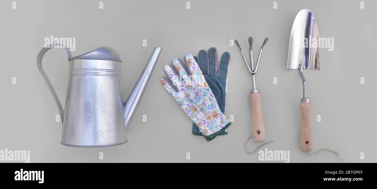 gardening equipment arranged in line on grey background Stock Photo - Alamy