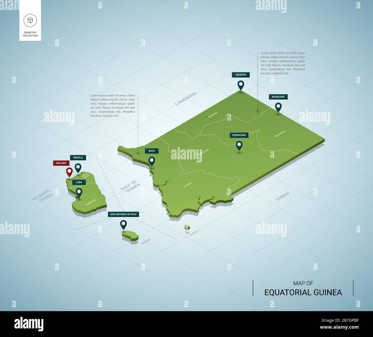 Stylized map of Equatorial Guinea. Isometric 3D green map with cities ...