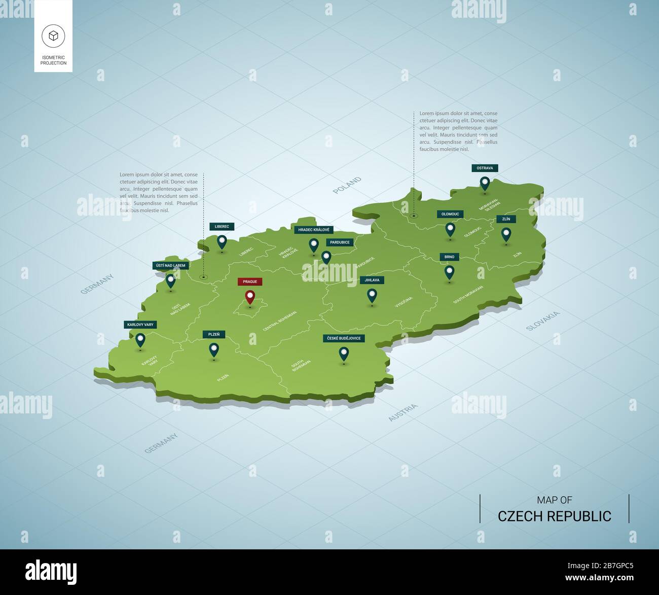 Stylized map of Czech Republic. Isometric 3D green map with cities ...