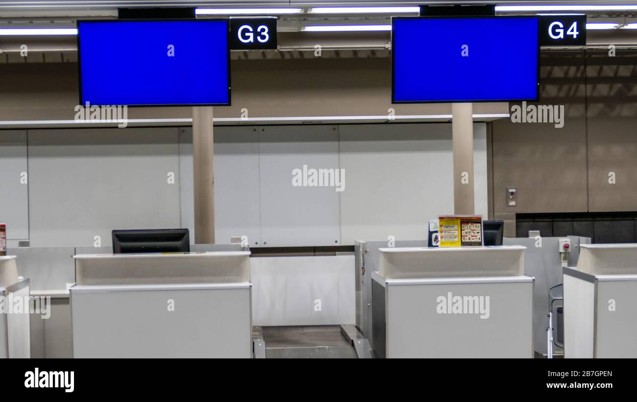 Check in counter at airport with chroma key blue screen copy space, no ...