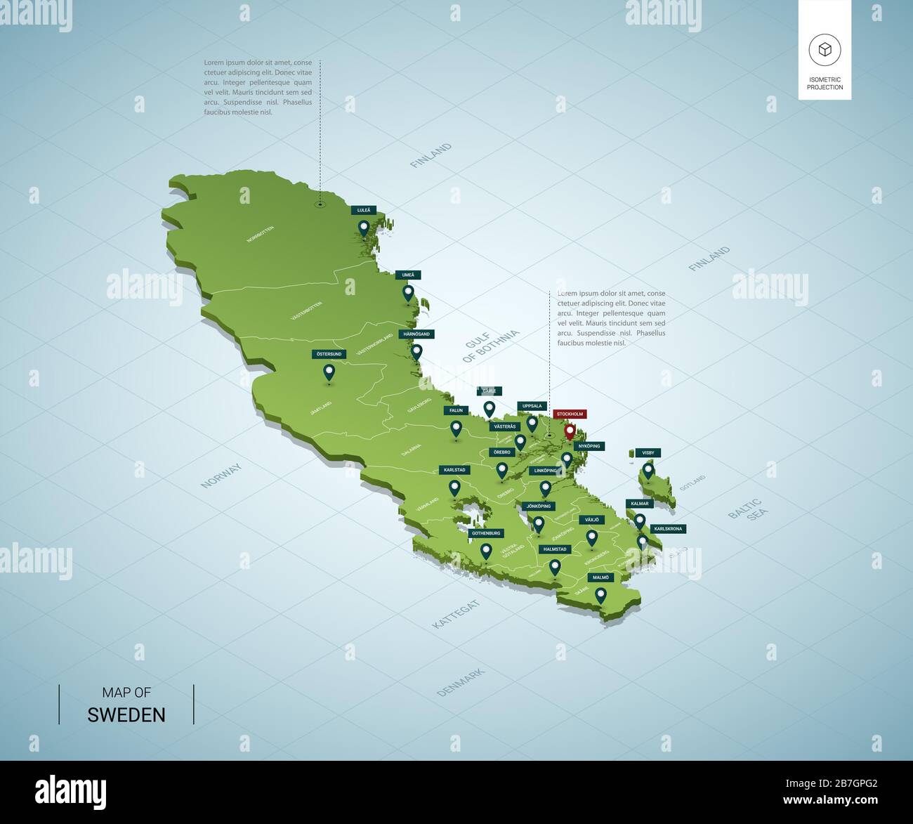 Stylized map of Sweden. Isometric 3D green map with cities, borders ...