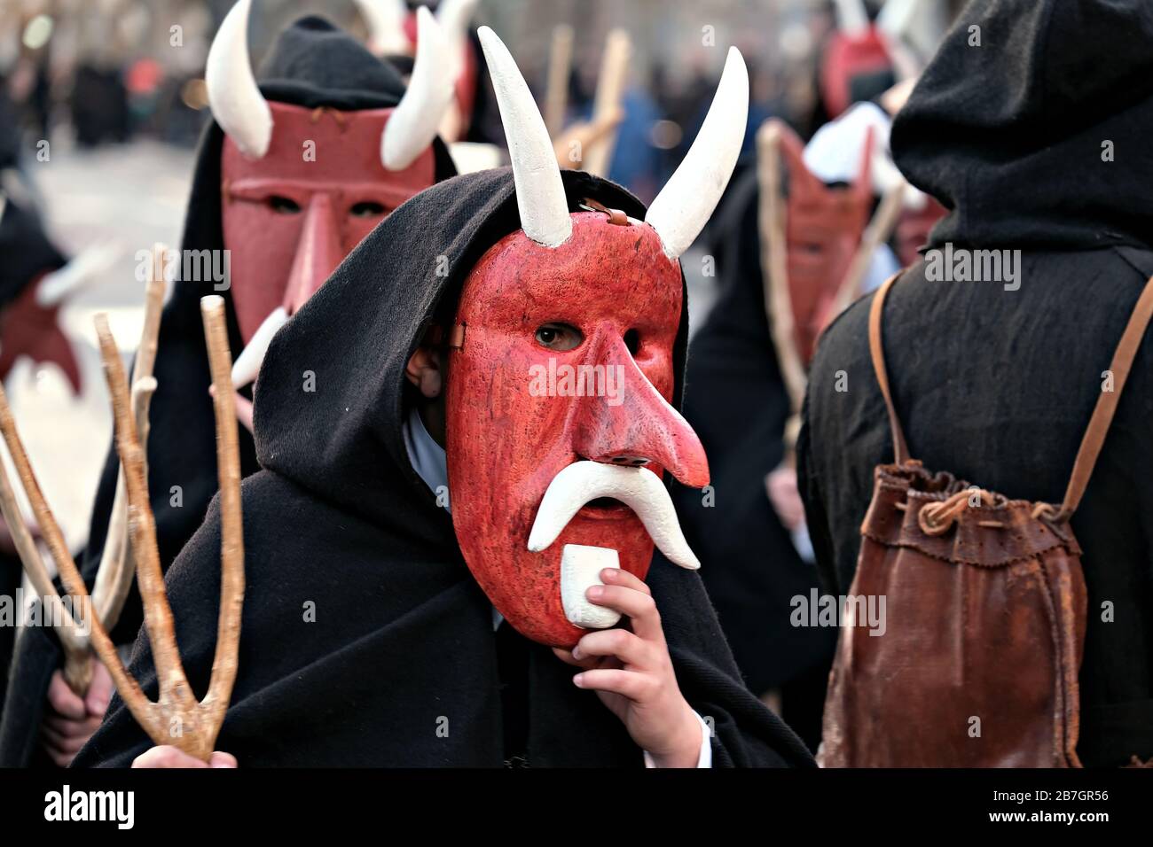 Close view of the traditional red mask of "Su Bundhu" from Orani, at ...