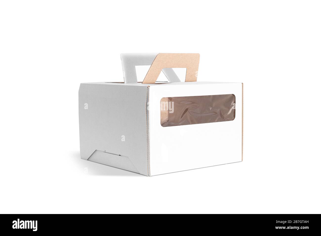 Blank white cardboard carry box with window and handle mockup Stock ...
