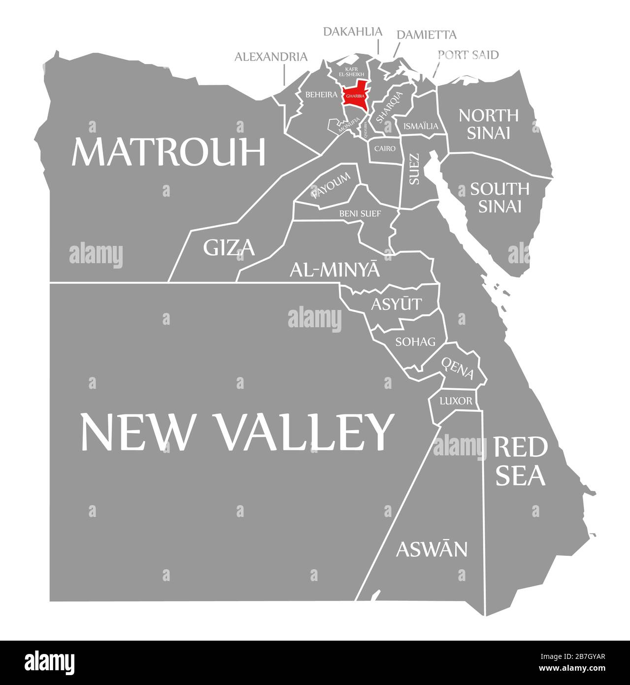 Gharbia red highlighted in map of Egypt Stock Photo - Alamy